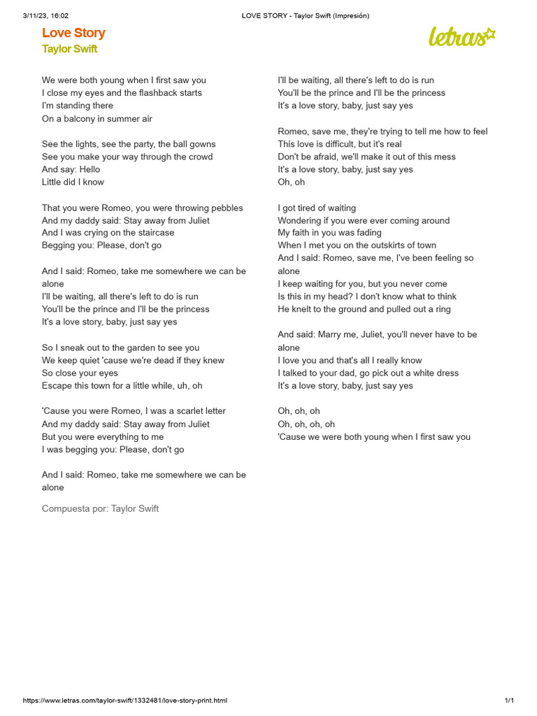 Taylor Swift's Love Story Lyrics | PDF | Art | Mystery, Thriller ...
