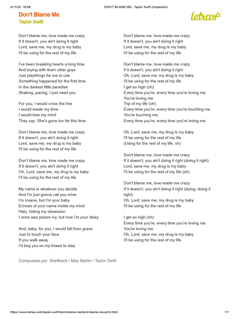 Don't Blame Me Lyrics - Taylor Swift | PDF | Taylor Swift