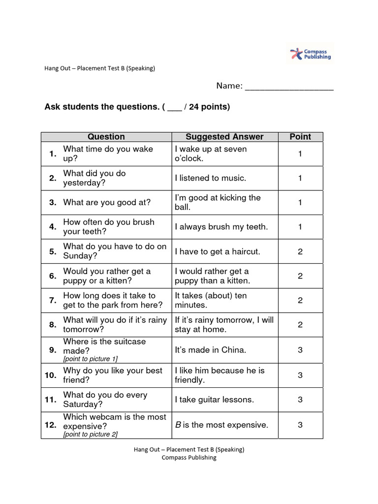Placement Test B - Speaking | PDF