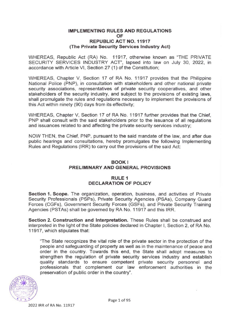 IRR of Republic Act 11917 Summary | PDF | Security Guard | Police Dog