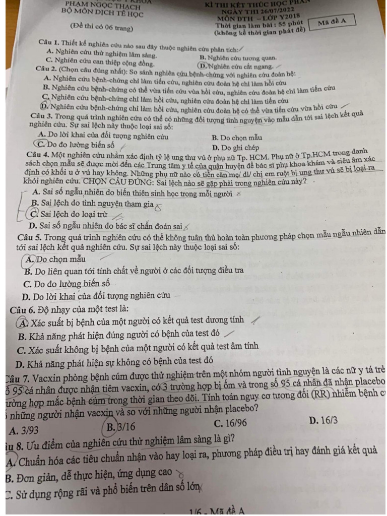 Đề DTH CK Y18 | PDF