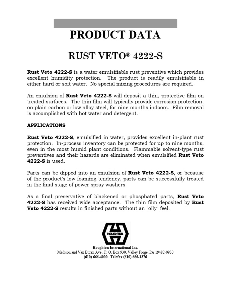Houghton Rust Veto 4222 S Spec Sheet | Download Free PDF | Rust | Emulsion