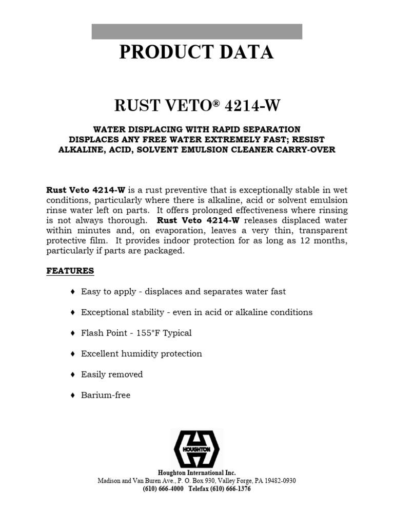 Houghton Rust Veto 4214 W Spec Sheet | PDF | Rust | Water