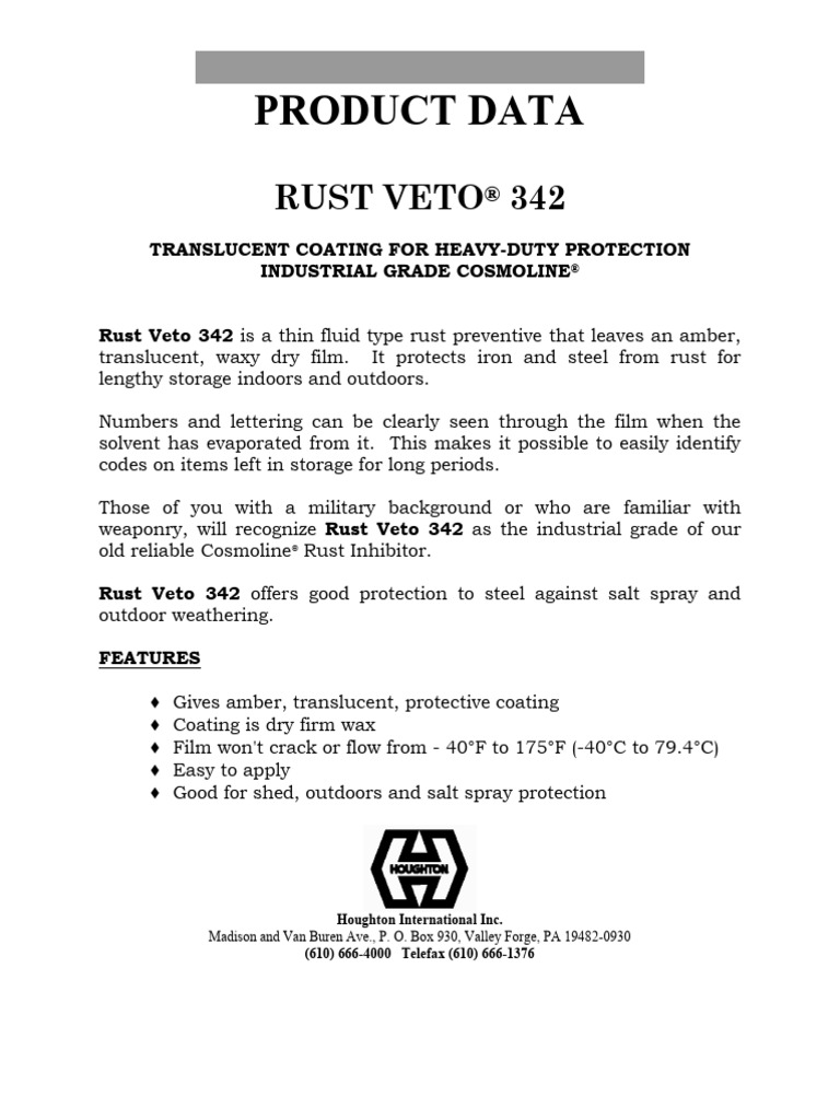 Houghton Rust Veto 342 Spec Sheet | PDF