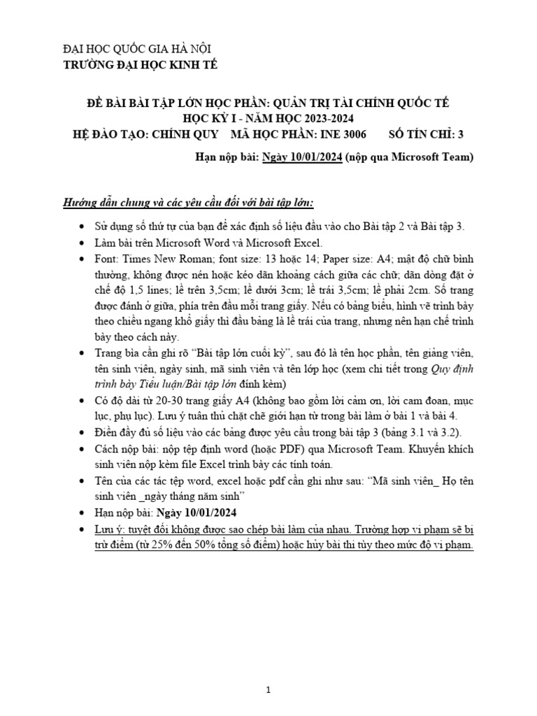 Đề bài Bài tập lớn QTTCQT INE3066 (HKI 2023-2024) | PDF