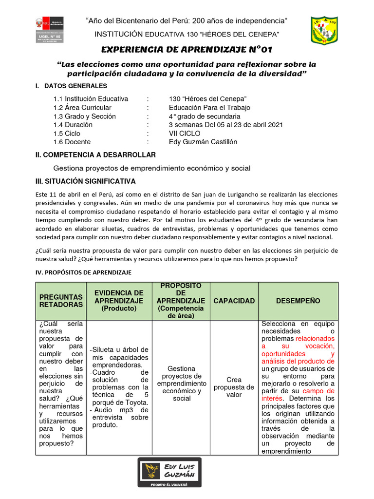 Experiencia de Aprendizaje 1 Ept | PDF | Iniciativa empresarial | Evaluación
