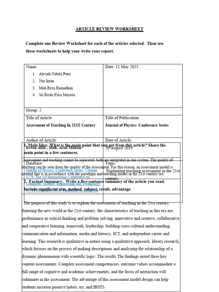 ARTICLE REVIEW WORKSHEET FOR LANGUAGE ASSESSMENT AND EVALUATION ... ARTICLE REVIEW WORKSHEET FOR LANGUAGE ASSESSMENT AND EVALUATION ...