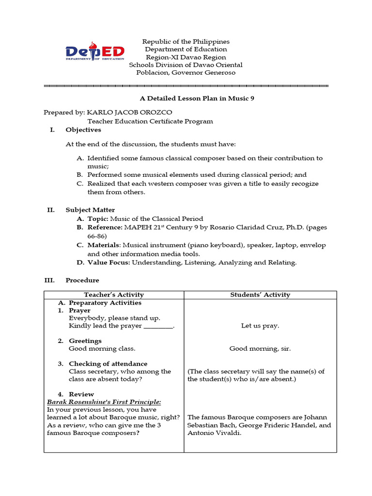 Orozco, Karlo J. - Detailed Lesson Plan Music 9 | PDF | Classical ...