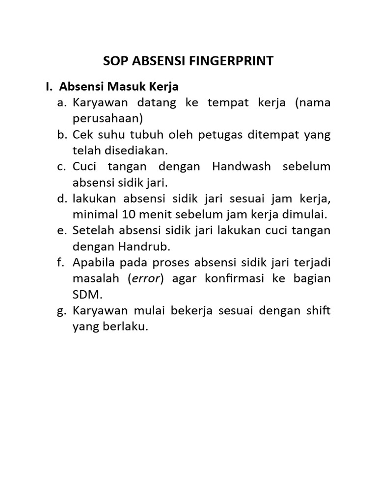 Contoh SOP ABSENSI FINGERPRINT | PDF