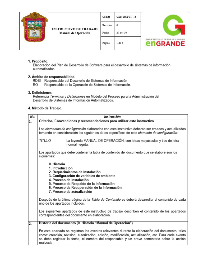 INSTRUCTIVO DE TRABAJO Manual de Operación | PDF | Archivo de ...