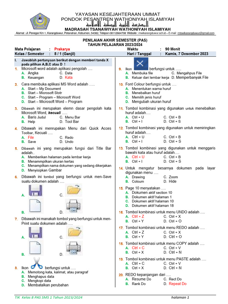 Soal TIK - Kls 8 - PAS Sms 1 2023 2024 - Ust Asrul | PDF