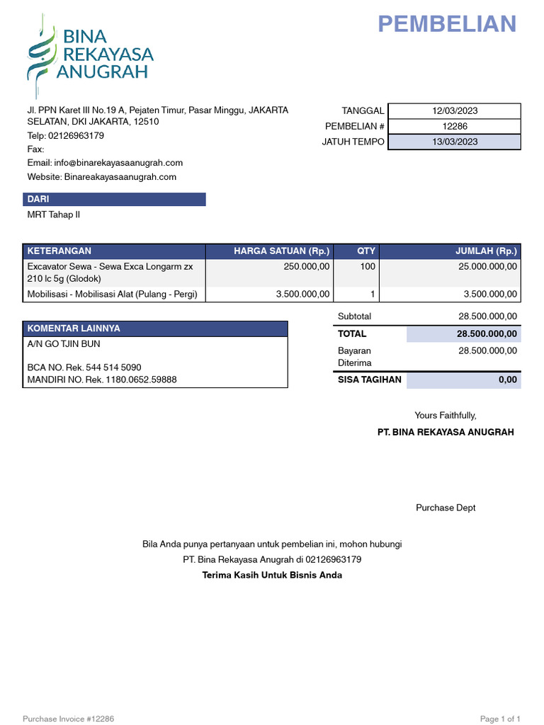 Invoice Sewa Excavator #12286 | PDF