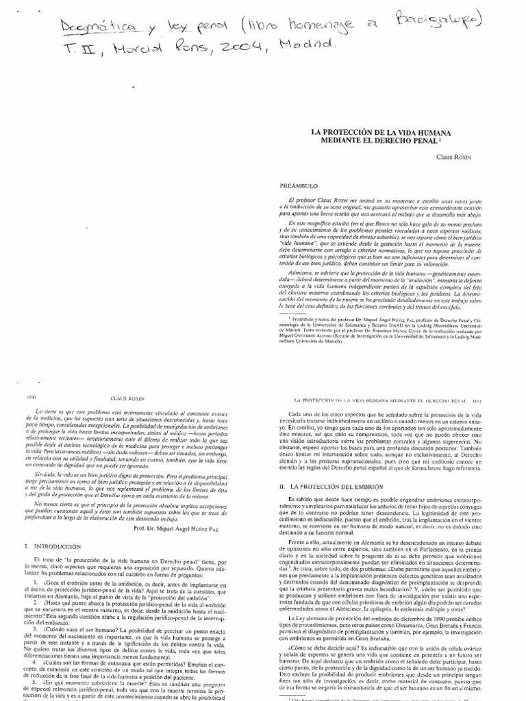 Roxin, La Protecciã N de La Vida Humana Mediante El Derecho Penal | PDF