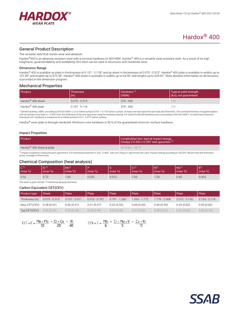 Hardox 400: General Product Description | PDF