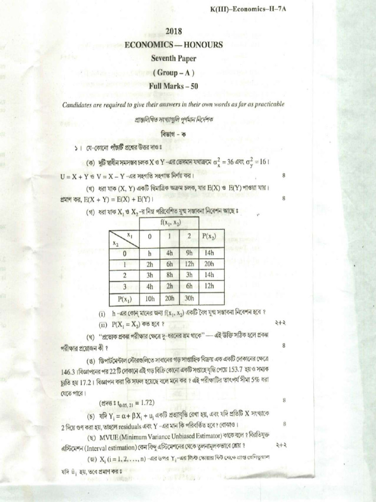 CU-2018 B.Sc. (Honours) Economics Paper-VII Group-A QP | PDF
