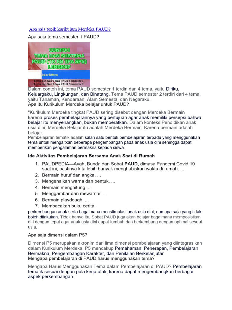 Tema PAUD Semester 1 Kurikulum Merdeka | PDF