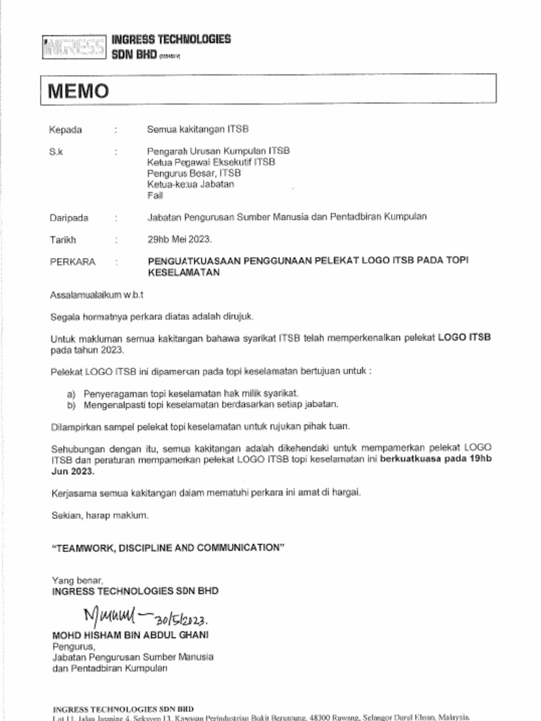 Contoh Memo Penggunaan Pelekat Topi Keselamatan | PDF