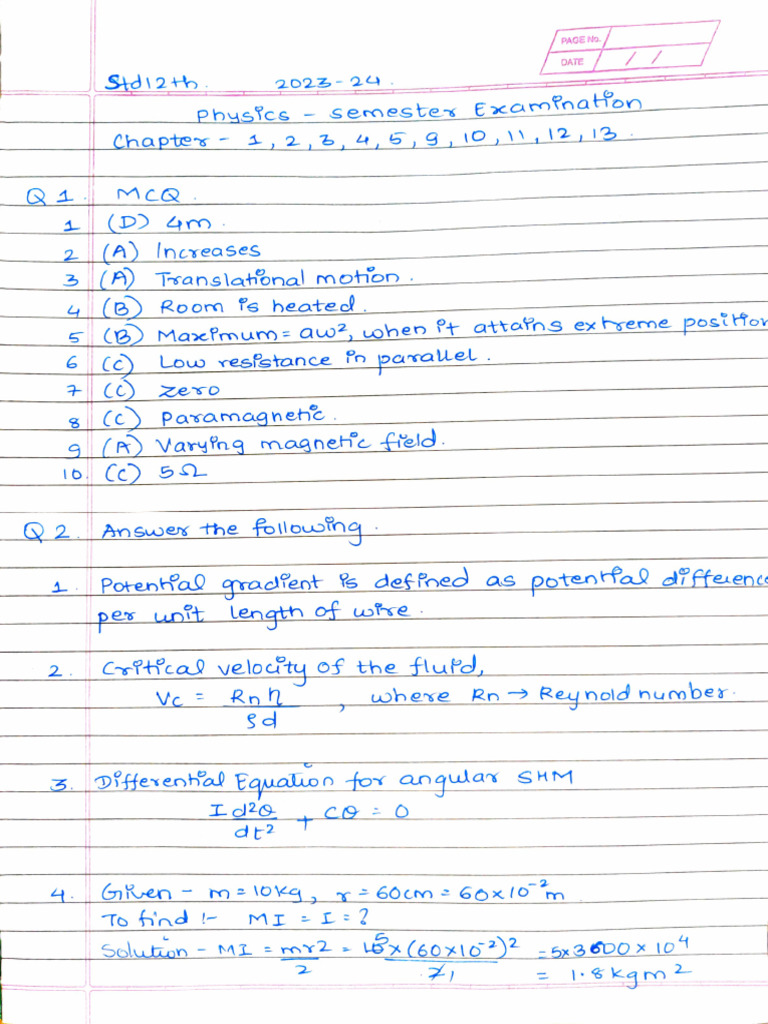 12th Physics Semester Answersheet 2023 | PDF