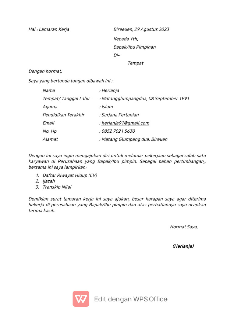 Surat Lamaran Admin JNT | PDF