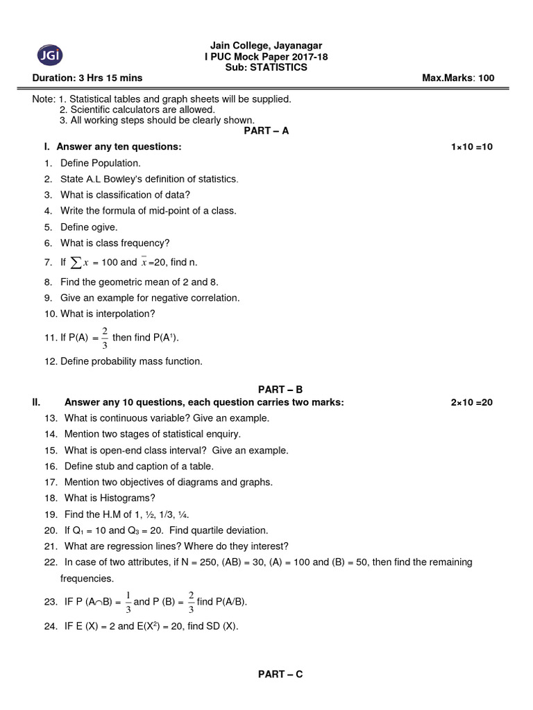 I PUC Statistics Mock Paper I | PDF | Statistics | Statistical Theory
