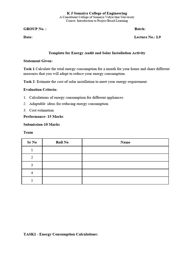 Template For Energy Audit and Solar Installation Activity | PDF ...