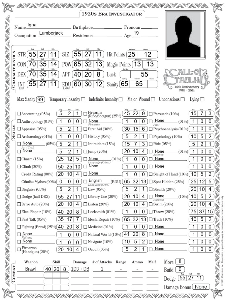 Call of Cthulhu Character Sheet | PDF