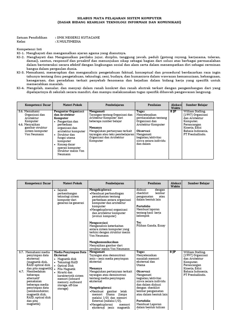 Silabus Sistem Komputer Semester 2 Kelas X Multimedia | PDF