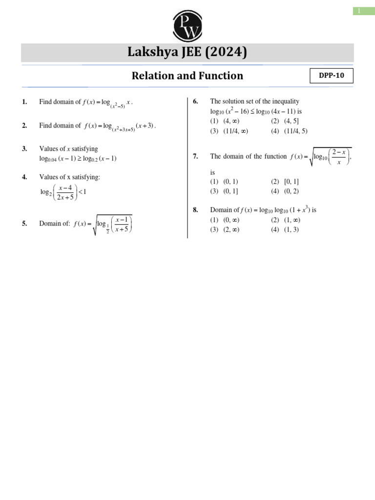 Relation & Functions - DPP 10 (Of Lec 12) - Lakshya JEE 2024 | PDF