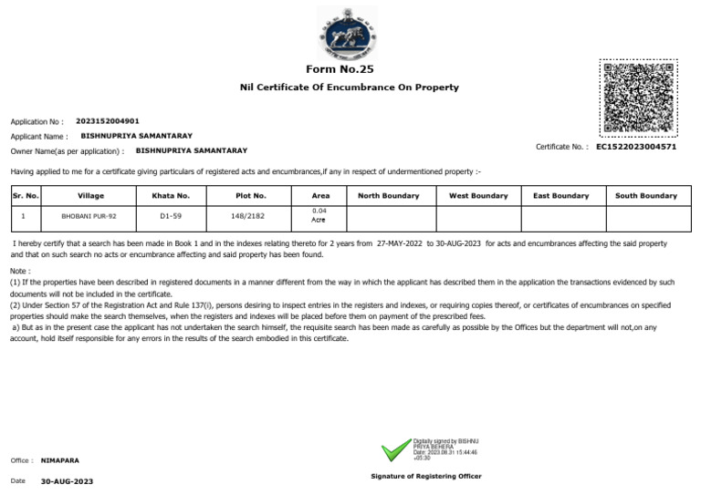 Form No.25: Nil Certificate of Encumbrance On Property | PDF | Civil ...