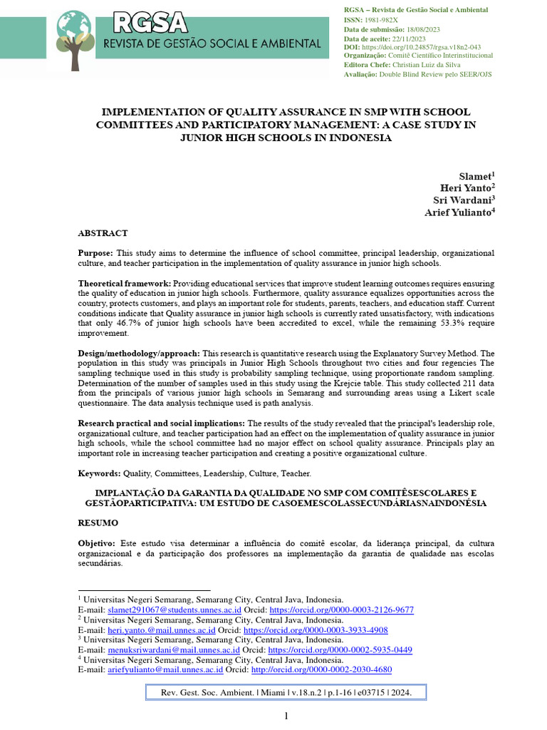 Implementation of Quality Assurance in SMP With SC | PDF | Leadership | Validity (Statistics)