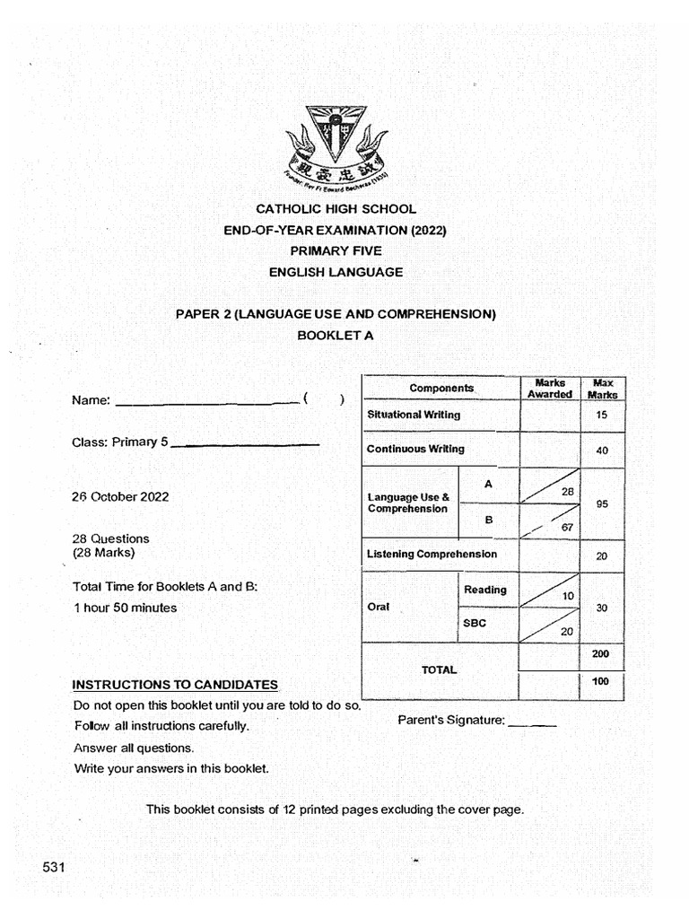 P5 English CatholicHigh 2022 EOY Exam Papers | PDF
