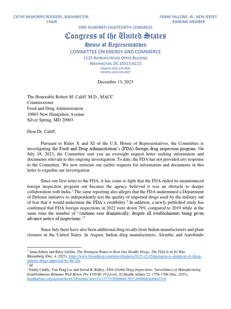US Congress Letter To FDA 1703350941 | PDF | Food And Drug ...