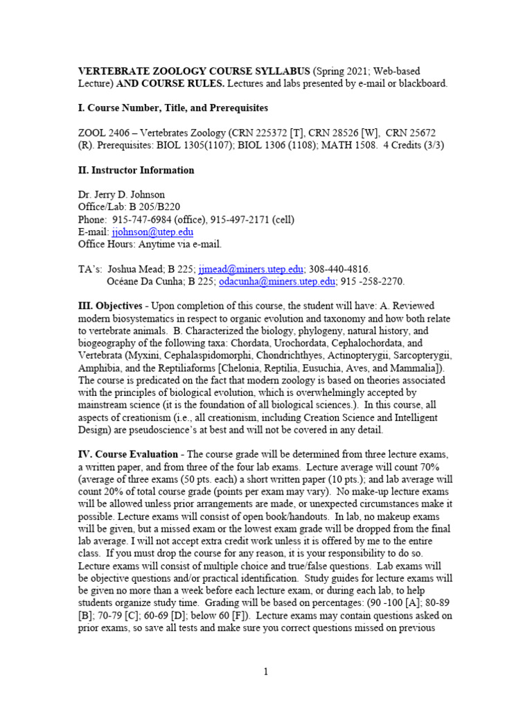 COURSE SYLLABUS Vert. Zoology Spring 2021-1 | PDF | Vertebrates | Reptile