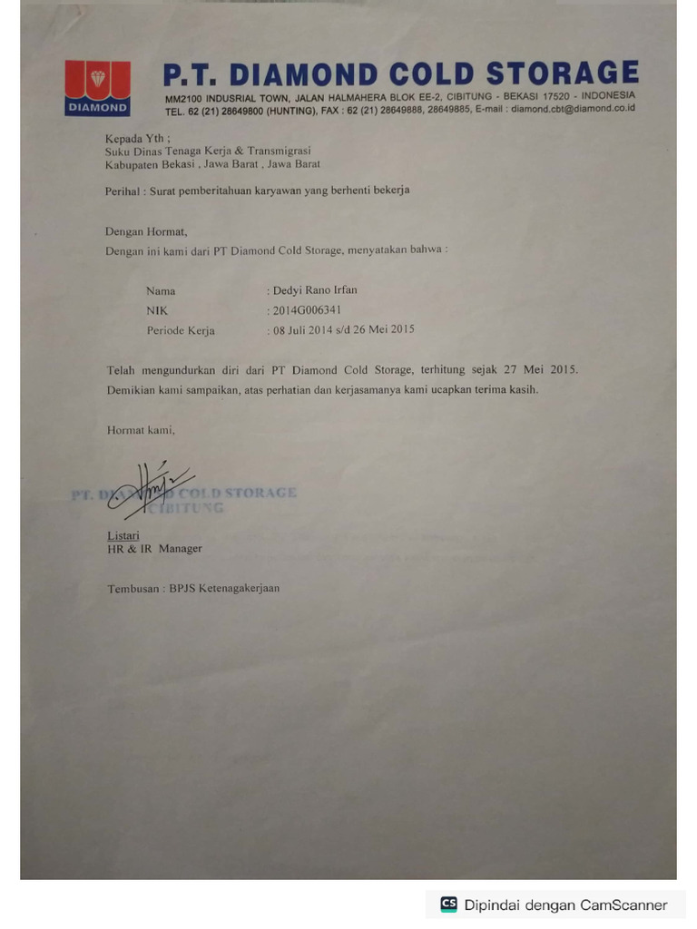 Paklaring Kerja PT - Diamond Cold Storage | PDF