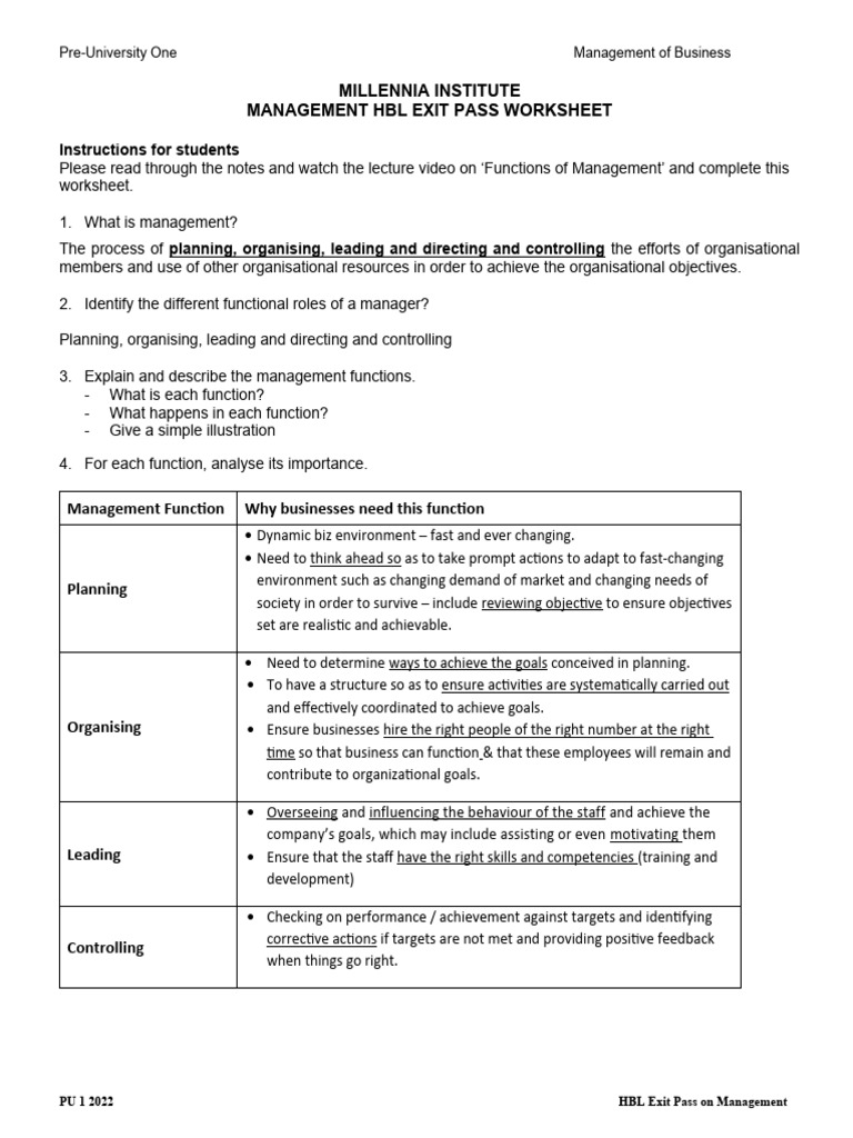 Management - HBL Exit Pass Worksheet | PDF