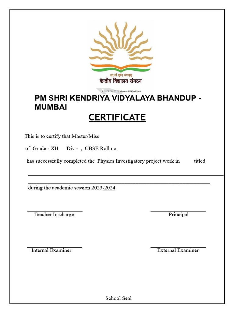 Physics Project Certificate Template | PDF