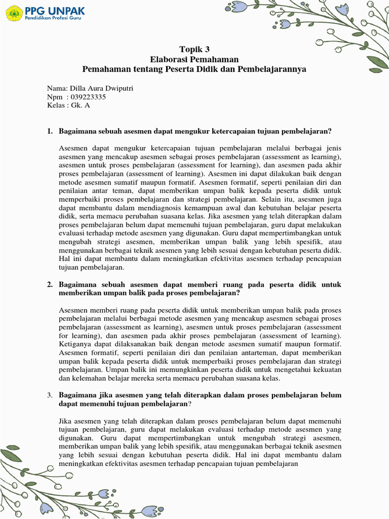 Topik 3 - Elaborasi Pemahaman-Pemahaman Peserta Didik Dan Pembelajarannya | PDF