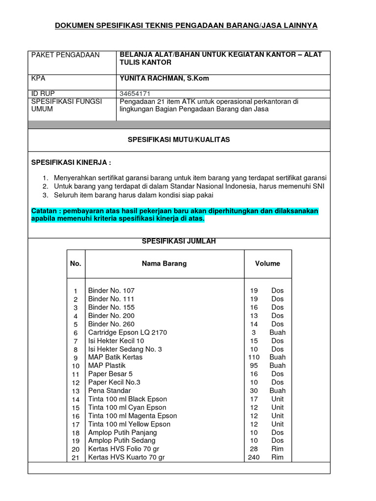Spesifikasi Teknis Pengadaan Atk | PDF