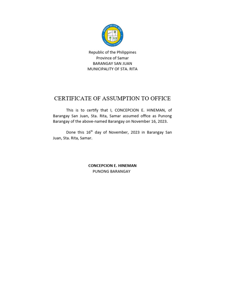 cERTIFICATE OF ASSUMPTION TO OFFICE SB SK | PDF