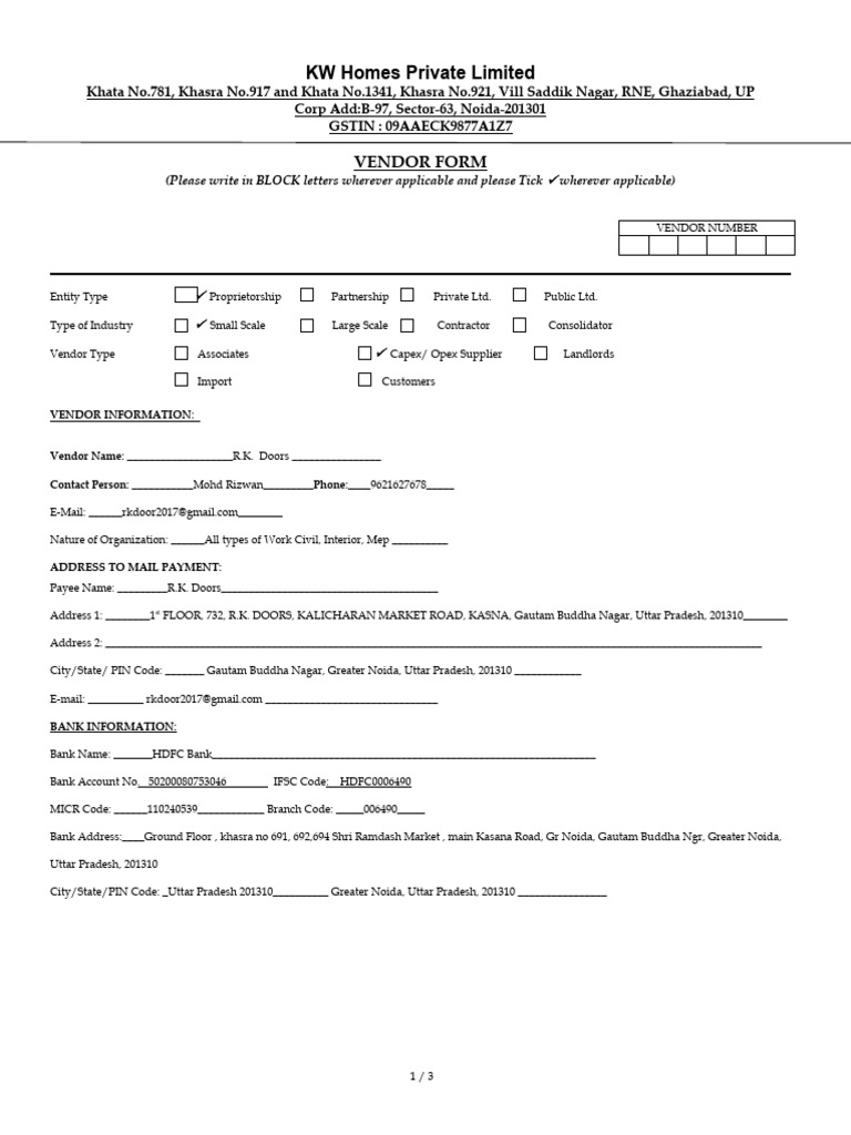 KW Homes Vendor Registration Form | PDF | Business | Payments