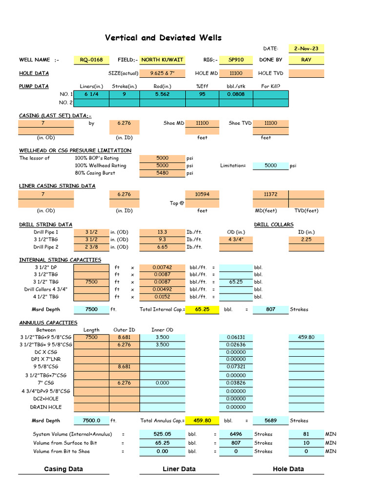 RQ-0168 KILL SHEET - 2023.11.2 | PDF | Casing (Borehole) | Industrial ...