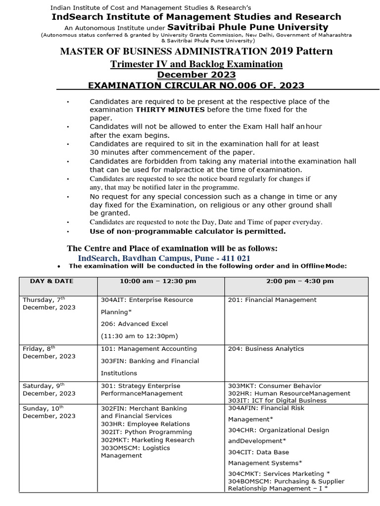 MBA Exam Schedule Dec 2023 IndSearch | PDF | Analytics | Business Economics