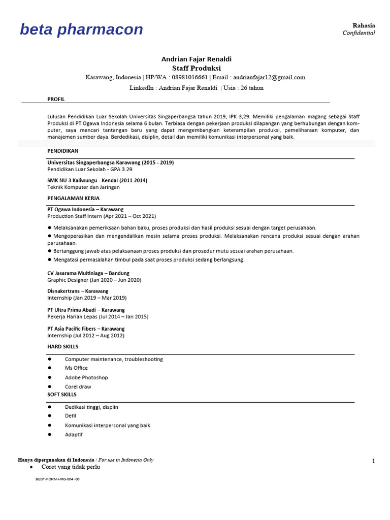 BEST FORM HRG 004 Formulir Lamaran Kerja | PDF