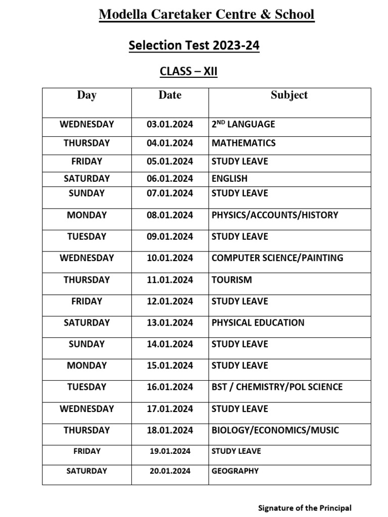 Class 12 Selection Test Schedule 2024 | PDF