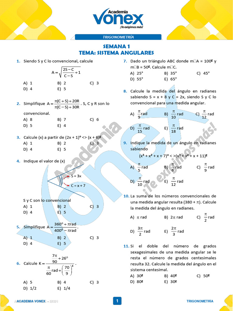 Trigonometría - Sistemas Angulares - VONEX | PDF | Enseñanza de ...