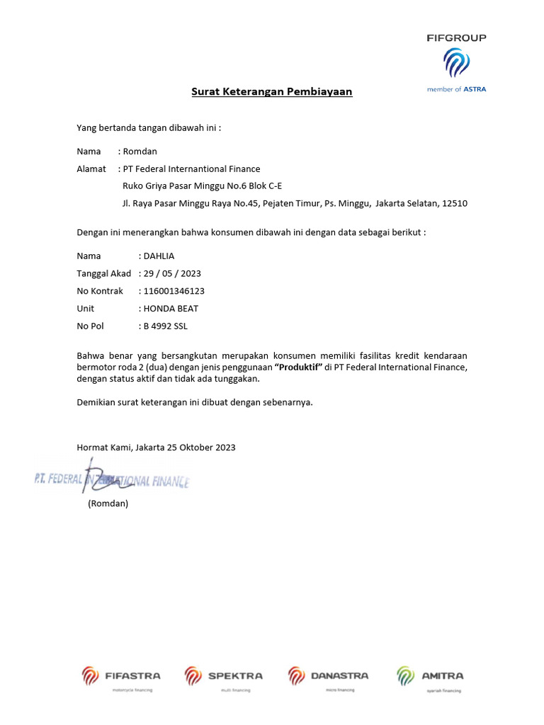 Surat Keterangan FIF Finance Lia | PDF