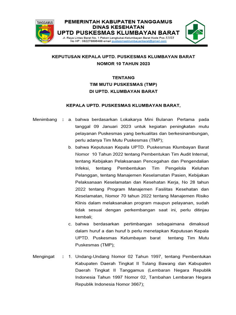 SK No. 10 Tahun 2023 TTG Tim Mutu Puskesmas (TMP) | PDF