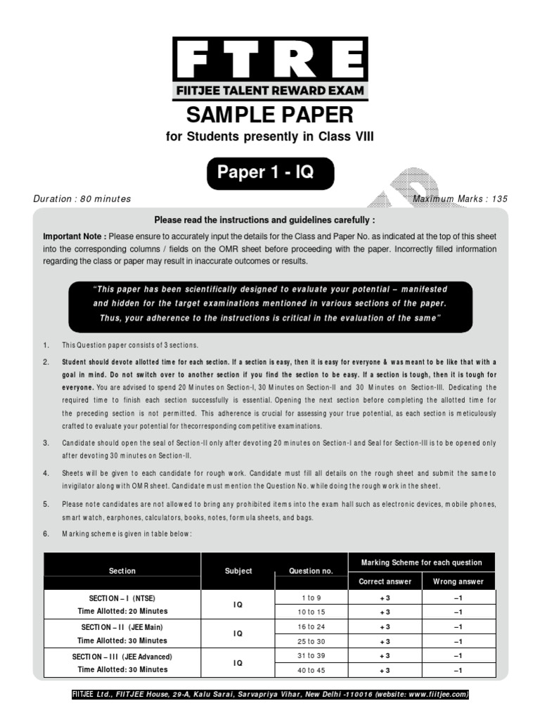 FIITJEE Class VIII IQ Sample Paper | PDF