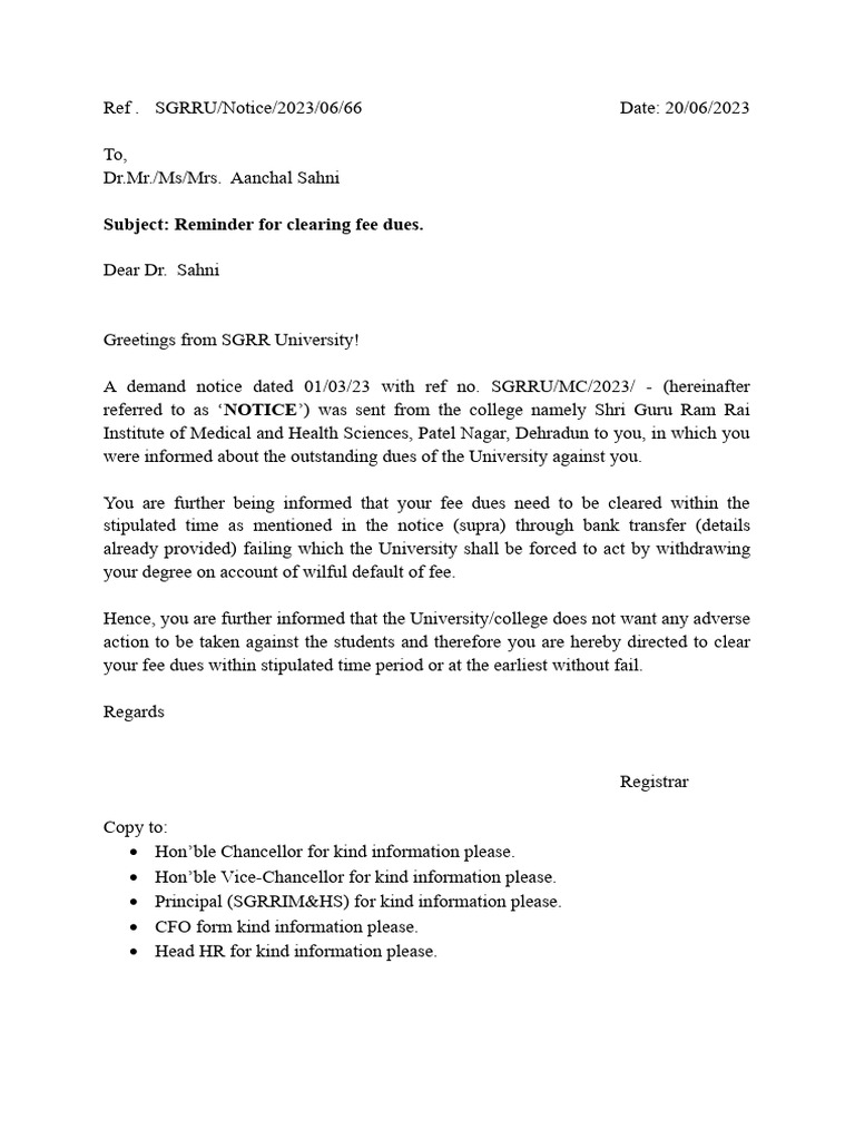 Reminder to Clear Fee Dues | PDF | Educational Personnel | Academic ...