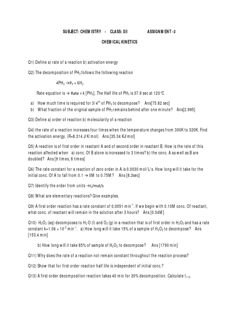 Chemical Kinetics Assignment Class 12 | PDF | Reaction Rate | Chemical ...